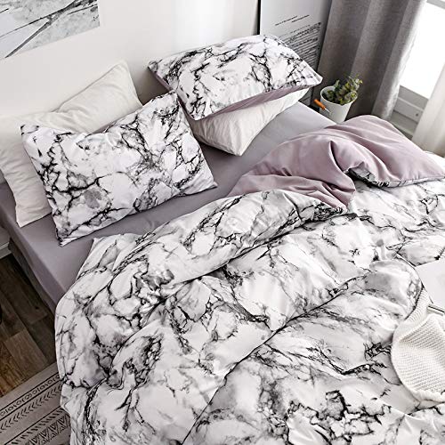 Jolusere White Marble Duvet Cover Set Queen Size White Gray Reversible Bedding Set Boho Aesthetic Farmhouse Bedding Ultra Soft Lightweight Breathable Microfiber Bed with Zipper Closure for All Seasons