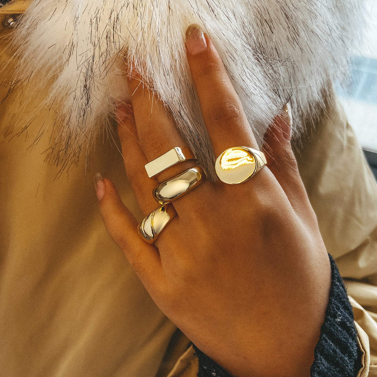 17 MILE 4 PCS Gold Chunky Dome Rings Set for Women/Men, 18K Real Gold Signet Polished Round Stacking Minimalist Ring Size 5-10 (Gold Size 5.75-6)