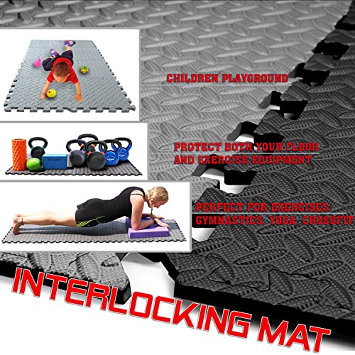 A2ZCARE Puzzle Exercise Mat with EVA Foam Interlocking Tiles - Interlocking Floor Mats for Gym Equipment - Ideal for Home Gym, Aerobic, Yoga and Pilates (Black and Gray (12pcs with Border Tiles))