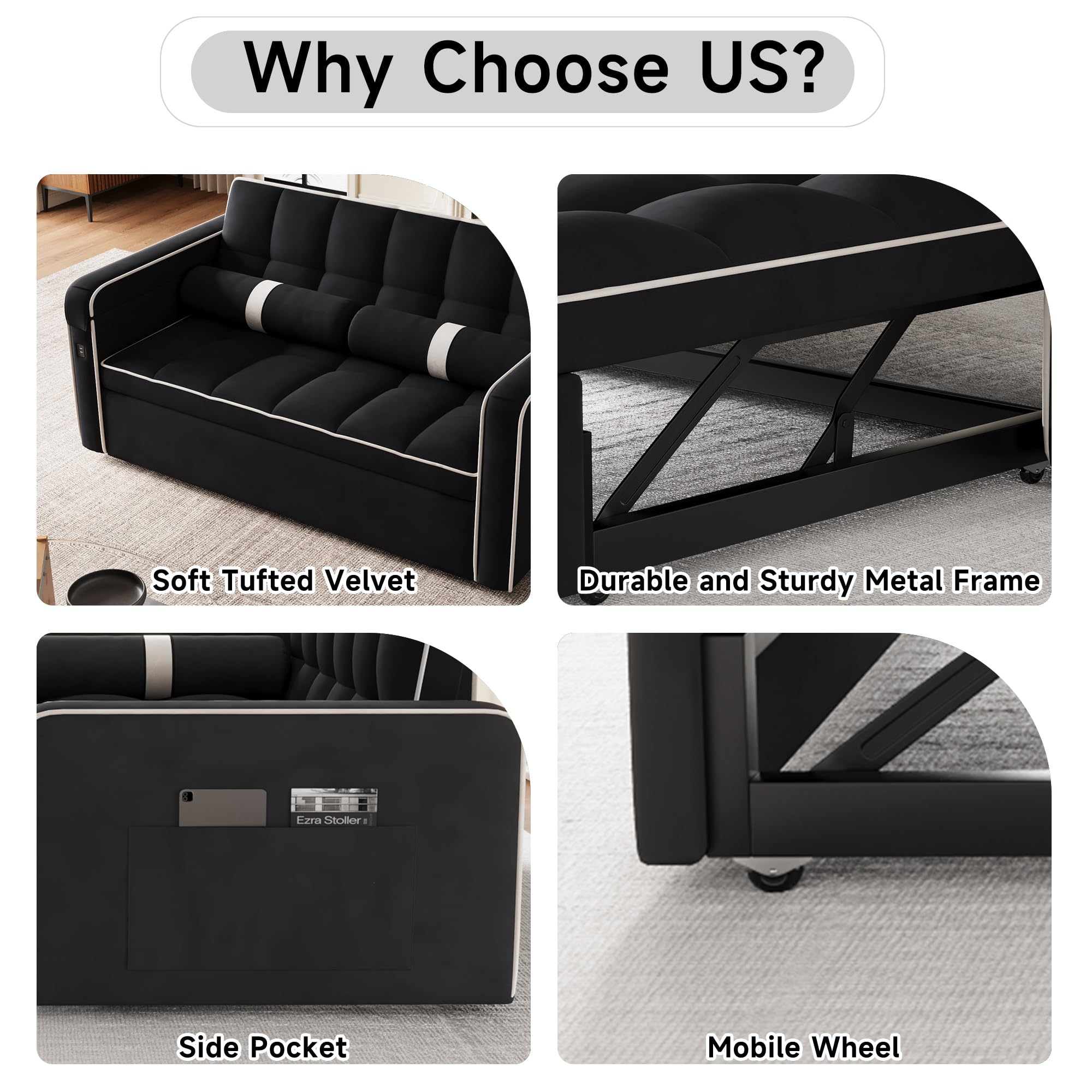 3 in 1 Sleeper Sofa Bed - Convertible Love Seat Couch with Side Table, Tufted Futon Sofa w/Pullout Bed, Adjustable Backrest, Cylinder Pillows, Small Sofa Daybed for Living Room, Apartment (Black)