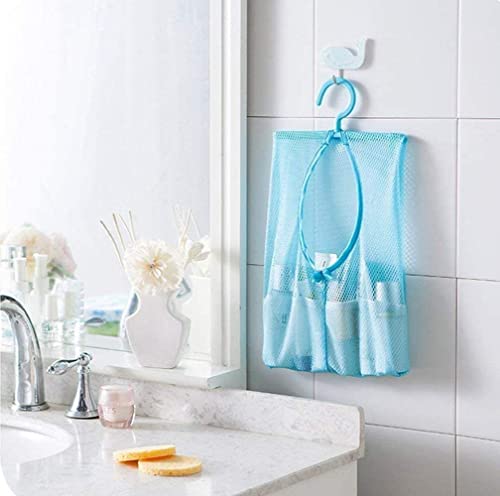 Multipurpose Clothespin Bag with Hanger, Hanging Storage Mesh Bag, Bathroom Shower Storage Organizer Set, Clothes Clip Clothespin Mesh Bag for Home Apartment College Dorm, Blue