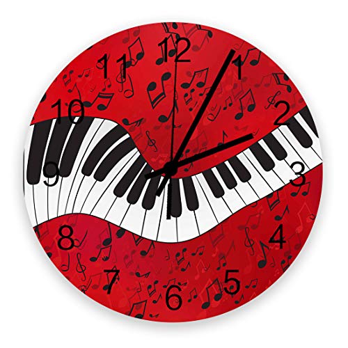 Round Wall Silence Clock Music Musical Notes with Piano Decorative Non-Ticking Battery Operated Clock Red White Wooden Wall Decor Clock for Bedroom Living Room Home Office School