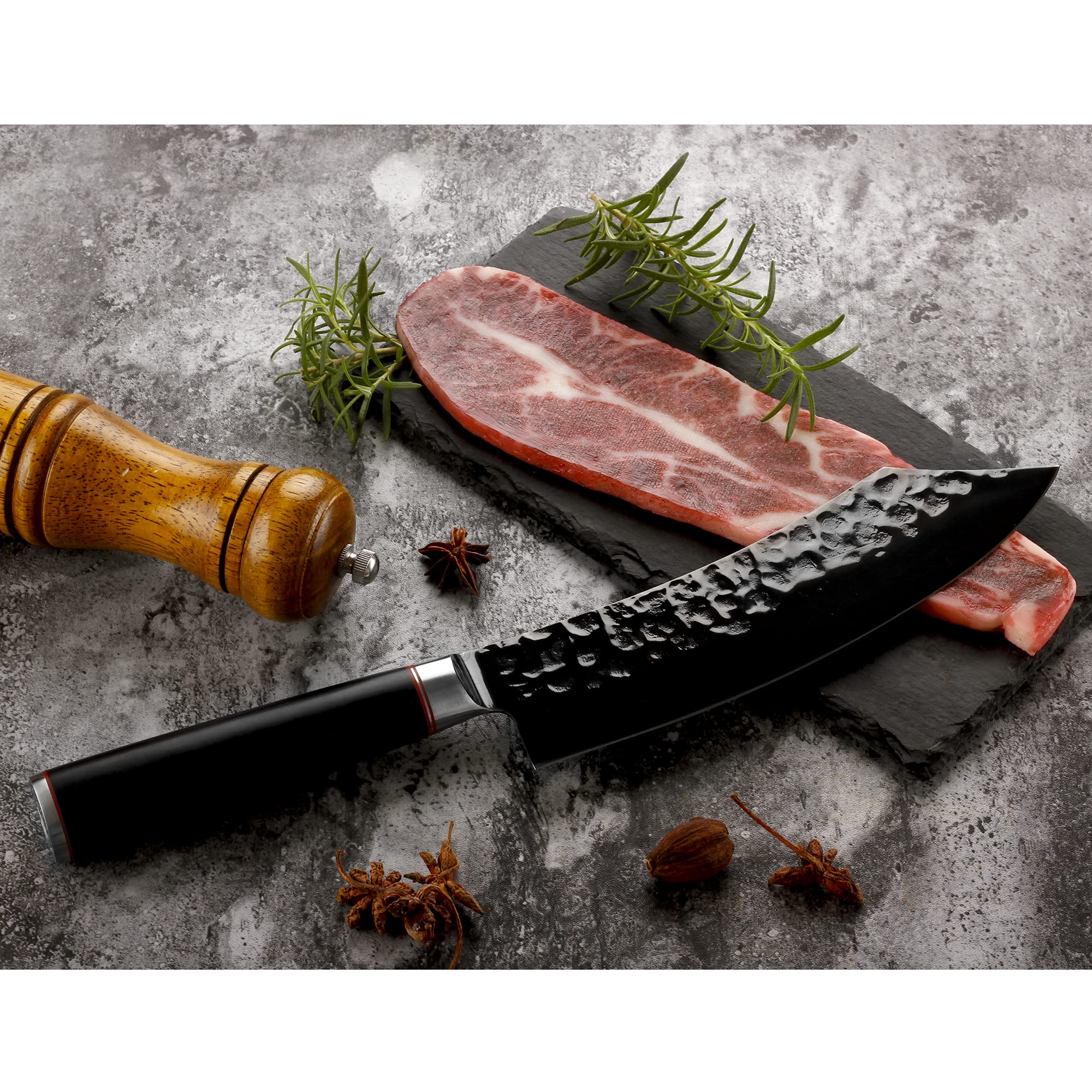 YOUSUNLONG Butcher Knife - 8 Inch Meat cleaver - Japanese AUS8 Black Titanium Nitride Coated Steel - Super Sharp - Natural Ebony Handle