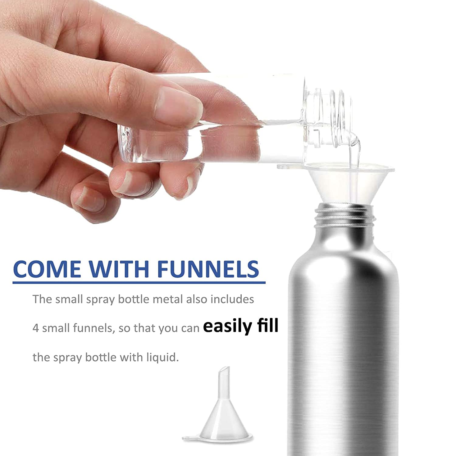 Empty Spray Bottles Travel Size 100ml/3.4oz 5 Pack Small Spray Bottle Aluminum Metal Fine Mist Refillable Atomizer Set with Lids for Liquids Skincare Cosmetic Perfume Storage, with 4pcs Small Funnels