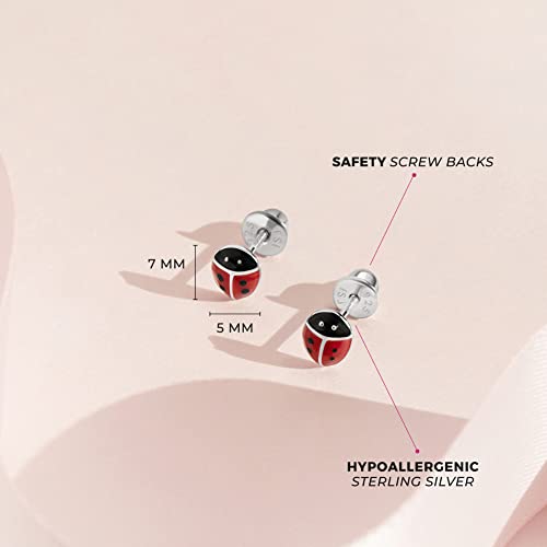 925 Sterling Silver Children's 7mm Enamel Red Ladybug Screw Back Locking Earrings, Excellent for Toddlers & Young Girls- Laby Bug Lover Kids