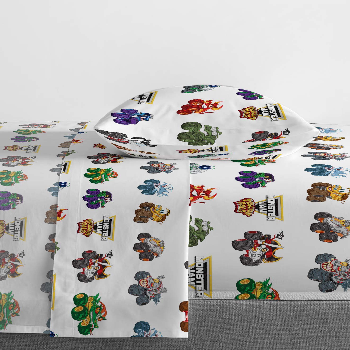 Jay Franco Monster Jam Truckin' Pals 4 Piece Toddler Bed Set - Includes Comforter & Sheet Set - Bedding Features Grave Digger & Megalodon - Super Soft Fade Resistant Microfiber