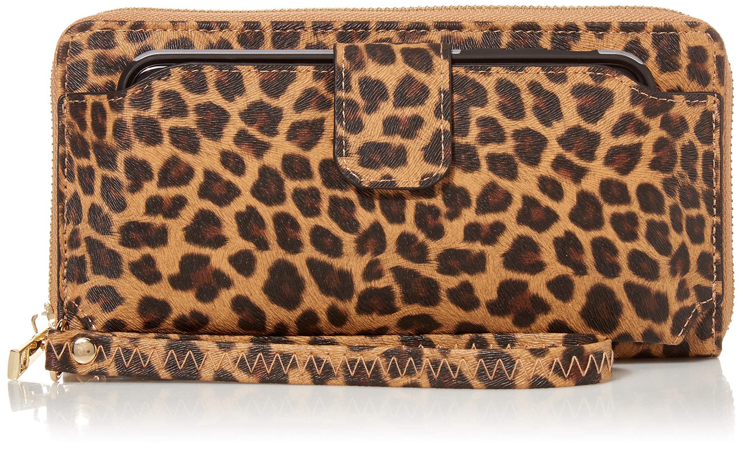 Amazon Essentials Women Wristlet Wallet with Cell Phone Holder Zip Around Wallet PU (Brown Leopard)