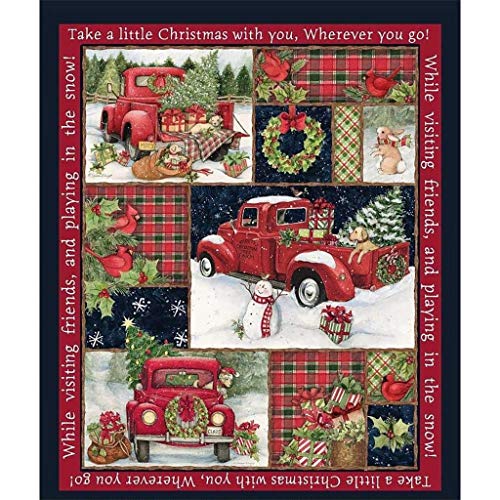 Christmas Fabric Red Truck Collage Panel 36x44 Inch, Creative 100% Cotton Fabric Panel Winter Holiday Christmas Decorations for Quilting Apparel and Home Decor Accents (Multicolor)