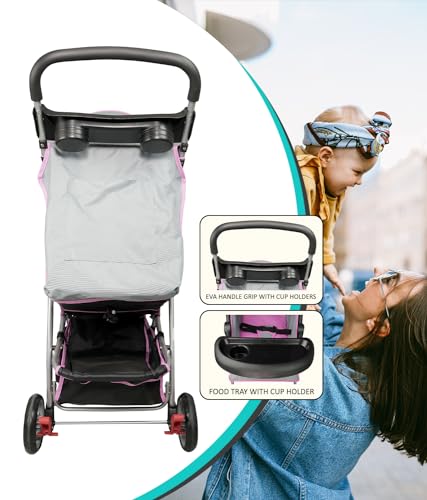 AmorosO Single Stroller - Baby Stroller with Four Wheels - Lightweight Stroller - Convertible Stroller with Extra Storage Space - Foldable Stroller with Sun Protection Hood Cover (Pink/Grey)