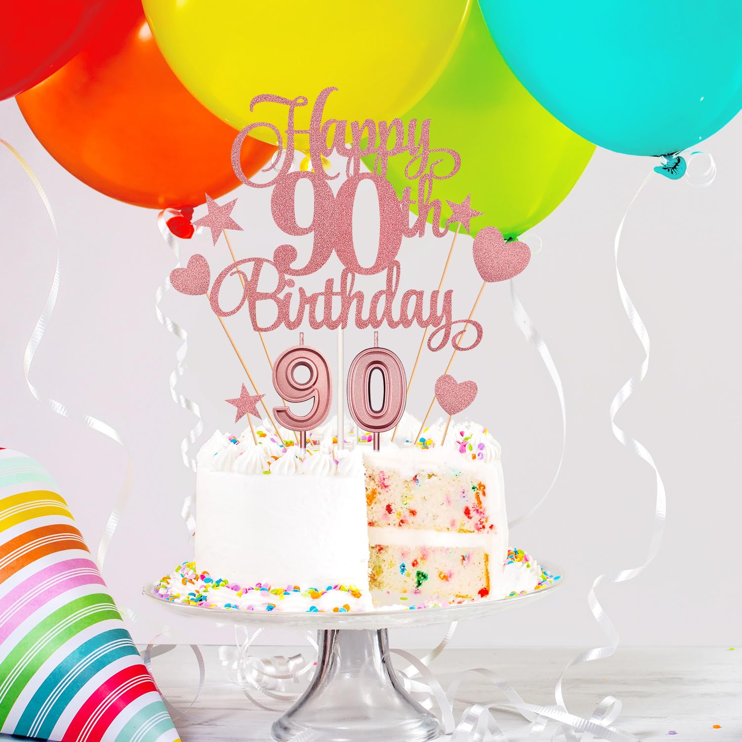 90th Birthday Cake Decorations Set Include 90th Birthday Candles Numeral 90 Cake Candles and Happy 90th Birthday Cake Toppers with Heart Star Cupcake Picks for Birthday Party (Rose Gold Series)