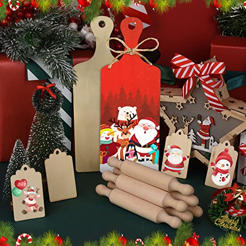 20Pcs Wooden Mini Rolling Pin for Crafts, Kids Small Dough Rolling Pin, Wood Cutting Board Chopping Board with Handle, Blank Wooden Labels with Rope for Halloween Christmas DIY Kitchen Home Decor