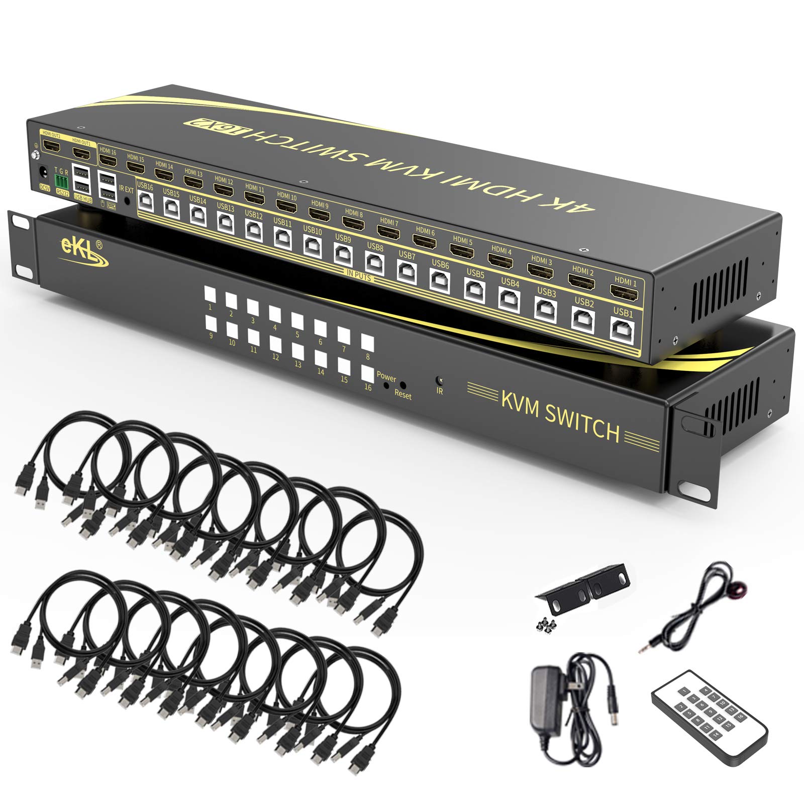 eKL KVM Switch, 16 Port v2.0 HDMI KVM Switch Supports Hotkeys Swapping 4K@60Hz 4:4:4 1080p 3D, 16 in 1/2 Out 16 PCs Sharing with One Set of Keyboard and Mouse