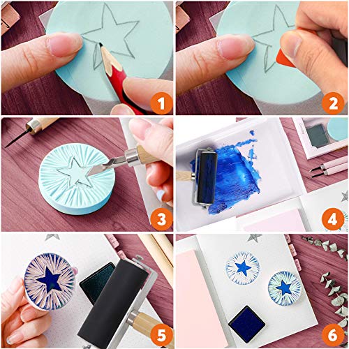 Rustark 24 Pieces Block Printing Starter Tool Kit with Whetstone, Stamp Block, Carving Tools, Tracing Papers,Pencil, Gloves,Eraser and Scrapper, Rubber Stamp Making Kit for Stamping and Printmaking