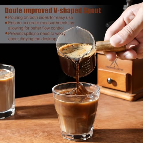 2 Pack Espresso Cups with Wood Handle, Double Spout Glass Measuring Cup with Dual Scale, Espresso Shot Glass with V-Shaped Mouth, Clear Glass Espresso Accessories, Milk Frothing Pitcher 3.52 OZ