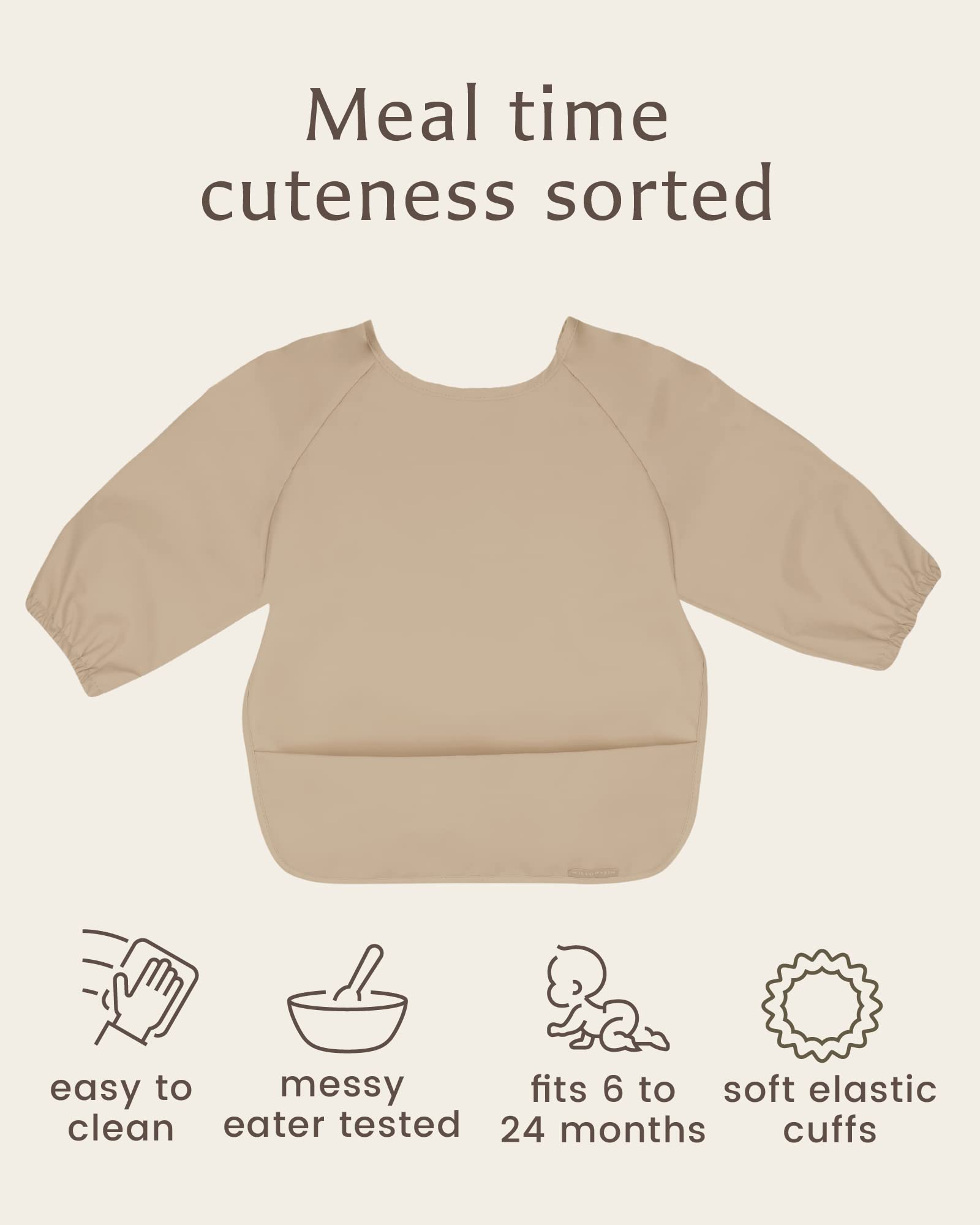 WILLOW + SIM Long Sleeve Baby Bibs - Wipe Clean, Washable with Food Catcher - Long Sleeve Bib for Babies, Toddler - Irish Cream