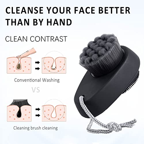 2 Pack Facial Cleansing Brushes, Face Brush with 2-in-1 for Deep Pore Cleansing and Exfoliation, Silicone Scrubber & Soft Bristle Sides (Black&Pink)