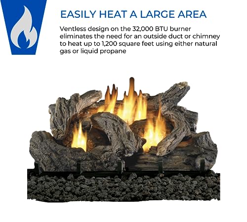 ProCom PCNSDS24RT Dual Fuel Ventless Fireplace Logs Set with Remote Control, Use with Natural Gas or Liquid Propane, 32000 BTU, Heats up to 1100 Sq. Ft, Realistic Painted, 24 Inches