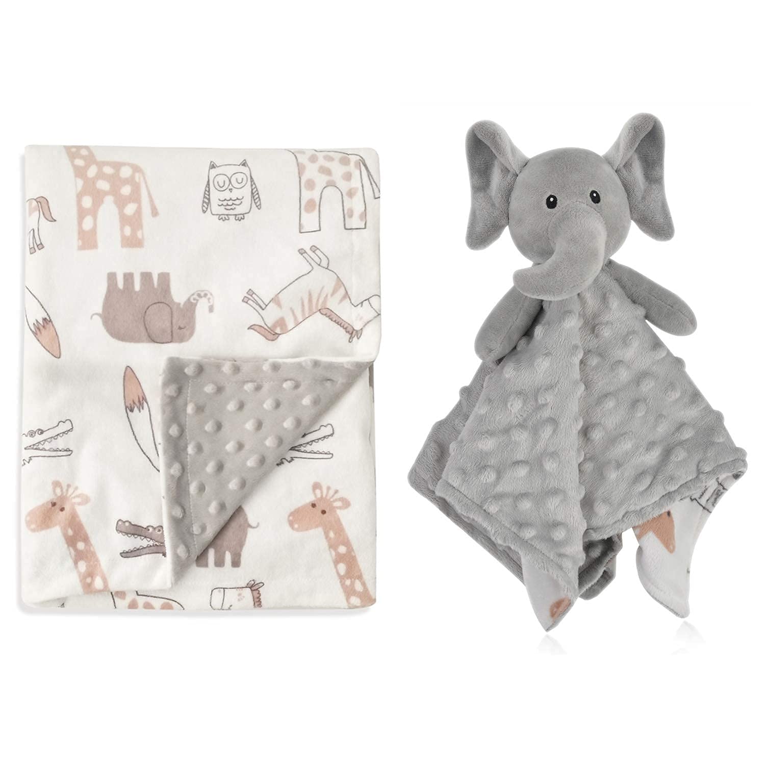 BORITAR Baby Blanket + Elephant Baby Security Blanket with Lovely Animals Printed, Soft Minky with Double Layer Dotted Backing