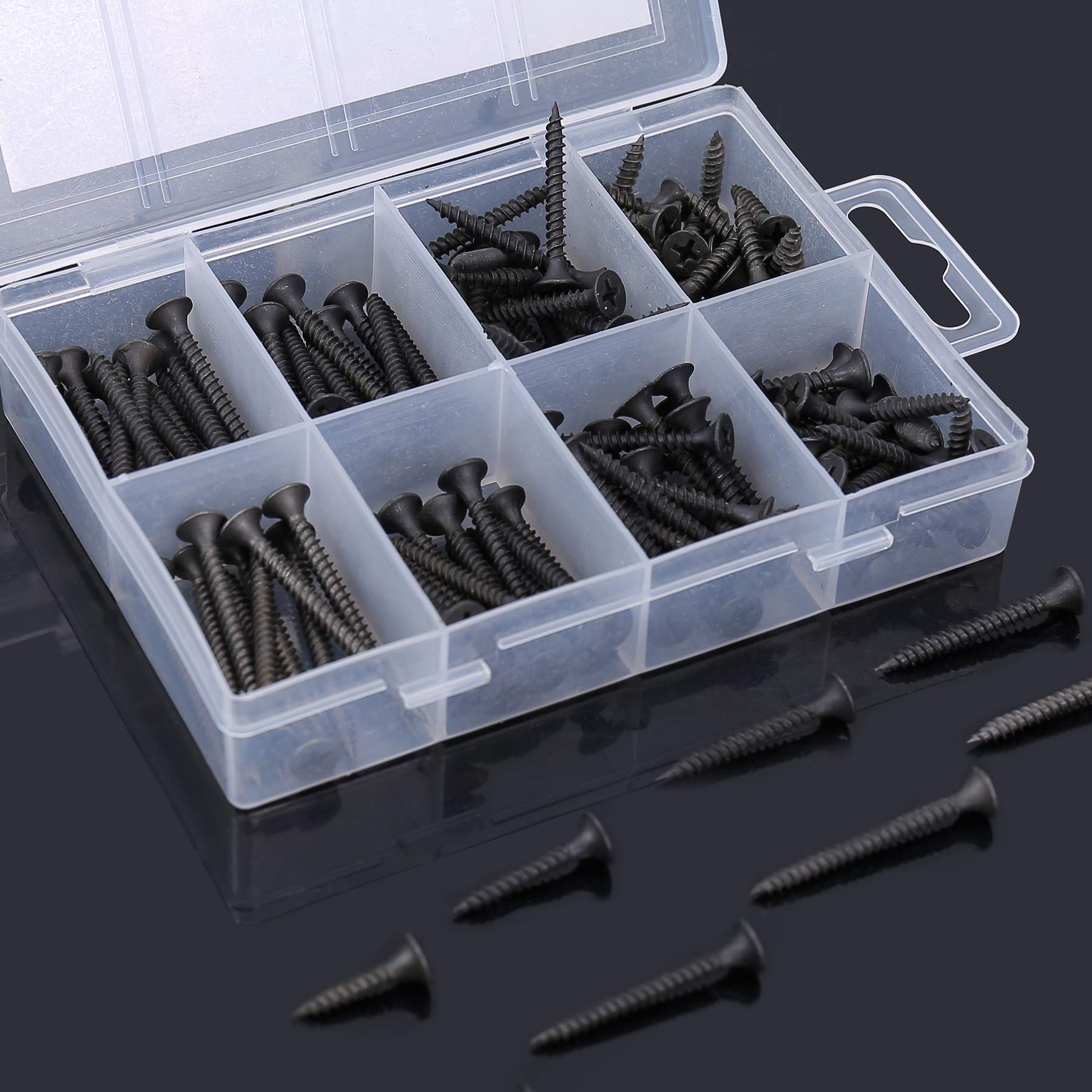 FARRAY #6 Drywall Screws, 150pcs Phillips Wood Screws Assortment Kit, Carbon Steel Black Self Tapping Screws, Screw Set for Drywall Sheetrock, Furniture