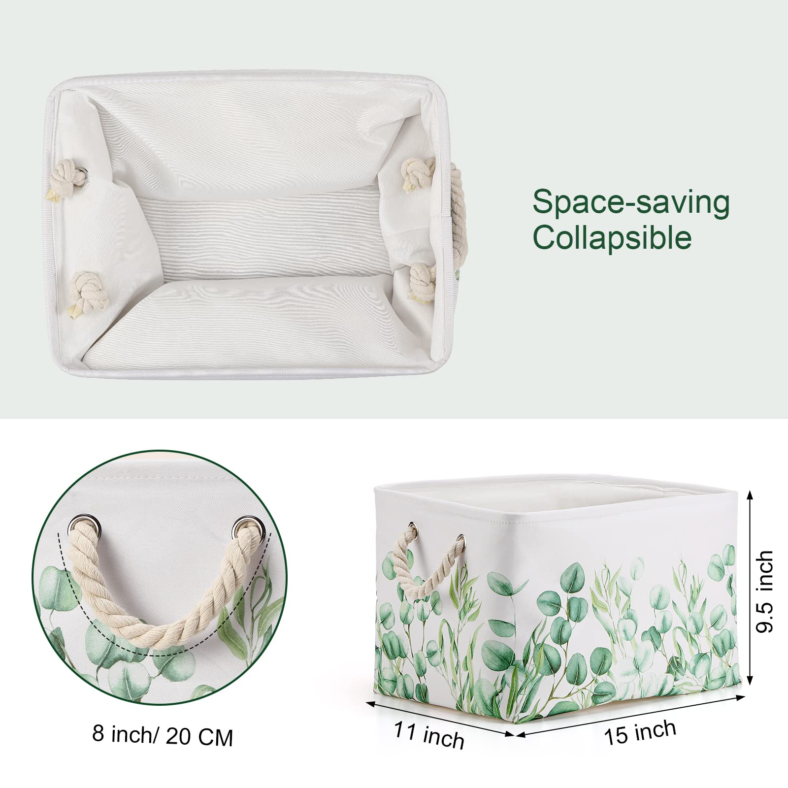 3 Pcs Rectangle Storage Baskets Oxford Fabric Organizer Bin 15 x 11 x 9.5 Inch Toy Storage Box Nursery Hamper with Handle Eucalyptus Laundry Basket Collapsible Storage Bins for Playroom Shelves