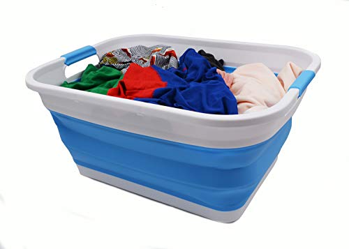 SAMMART 41L(10.8 Gallon) Collapsible Plastic Laundry Basket-Foldable Pop Up Storage Container-Portable Washing Tub-Space Saving Hamper/Basket, Water Capacity: 32L (8.4 Gallon) (2, White/Marine Blue)
