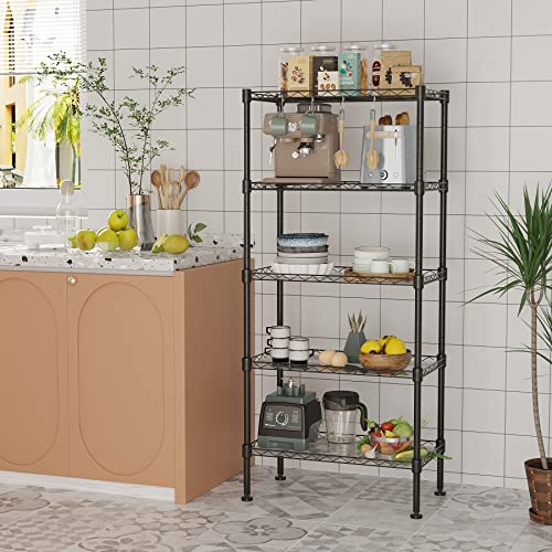 C&AHOME 5-Tier Metal Shelving Unit with Liner, Storage Rack with Adjustable Shelves, Heavy Duty Shelf with 4 Hooks and Leveling Feet Ideal for Kitchen, Bathroom, 23.6"L × 12.8"W × 60.5"H Black UWSU05B