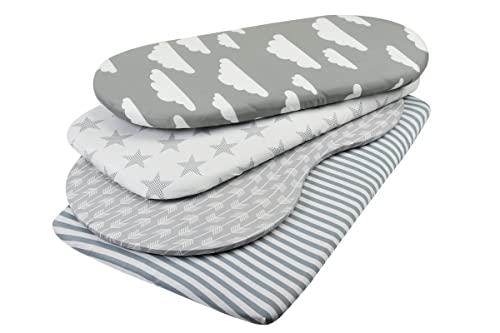 Bassinet Fitted Sheets 4 Pack for Baby Boy and Girl, Stretchy Soft Knitted Sheet Universal for Hourglass Oval and Rectangle Bassinet Mattress, Unisex Stripe Star Cloud and Arrow Printing