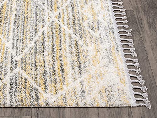 Abani Modern 5'3" X 7'6" Grey, Cream & Yellow Shag Area Rug Rugs Plush Contemporary Boston Collection Tassel Rug