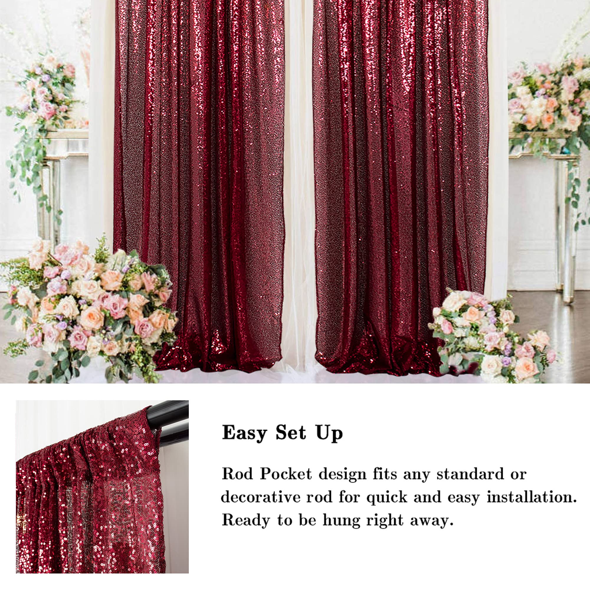 AMZLOKAE Sequin Curtains 2 Panels 2FTx8FT Burgundy Sequin Curtain Backdrop Sequin Window Curtains Photography Backdrop Glitter Shower Curtains Party Backdrop Wine Sparkle Backdrop Christmas Decor