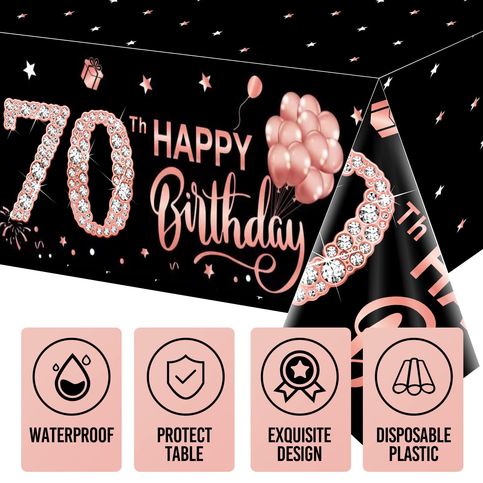 3 Pack 70th Birthday Tablecloth Decorations for Women, Rose Gold Happy Seventy Birthday Theme Table Cover Party Supplies, 70 Year Old Birthday Plastic Disposable Rectangular Table Cloth Decor