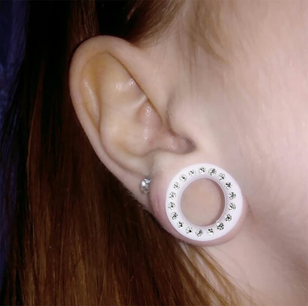 2 Gauge - 6MM Multi Crystal Stone Setting On White Silicone Double Flared Flesh Tunnel - Sold by Piece