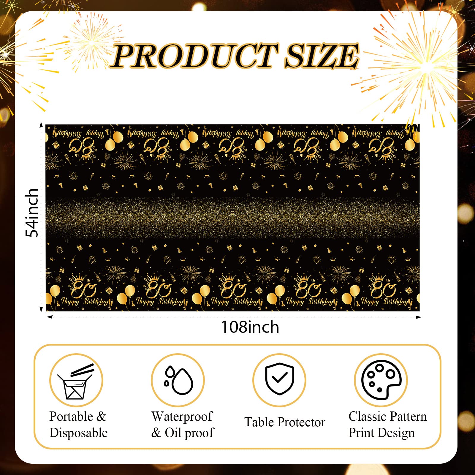 3 Pack 80th Birthday Decorations for Men 80th Birthday Tablecloth Disposable Plastic 80th Birthday Table Cover Rectangular Black and Gold Table Cloths for 80th Parties Decoration (80th)