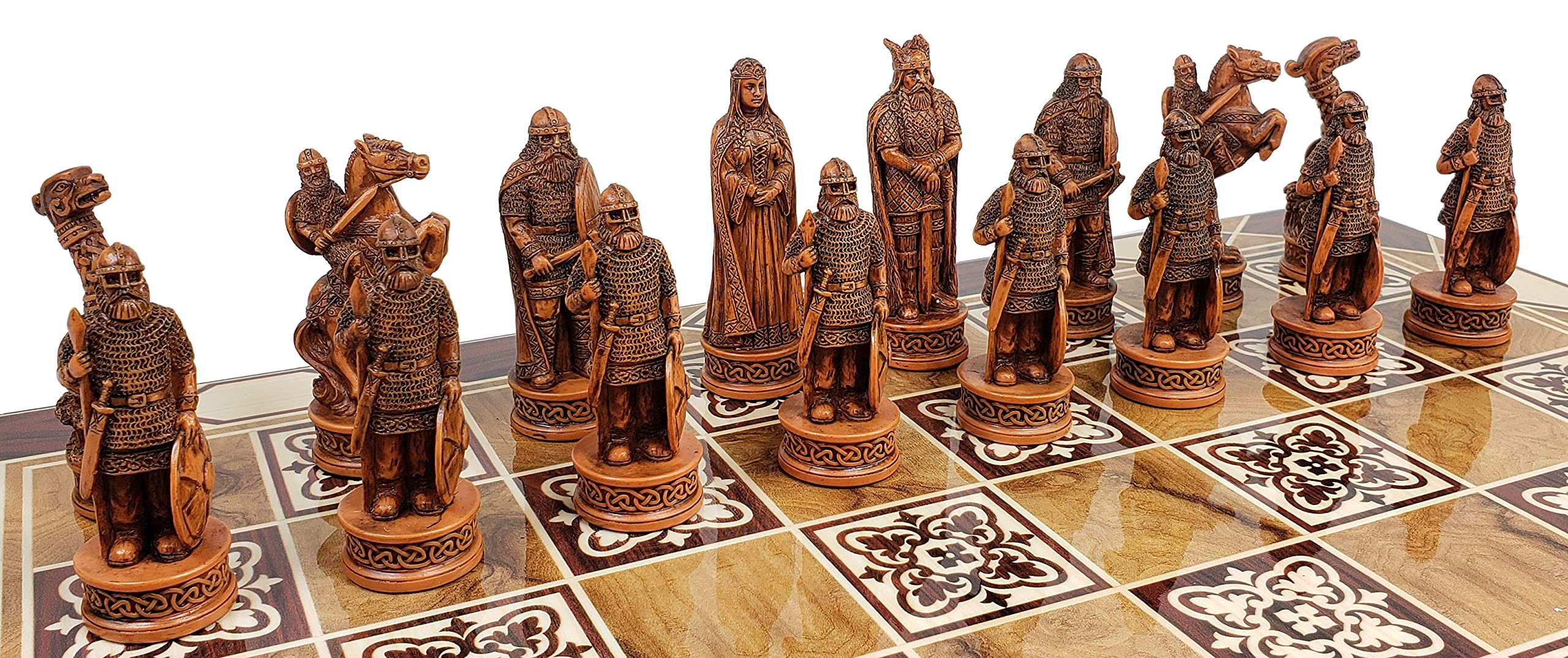 Antique Ivory & Brown Norse Viking Chess Set with 17" Burlwood Color Board