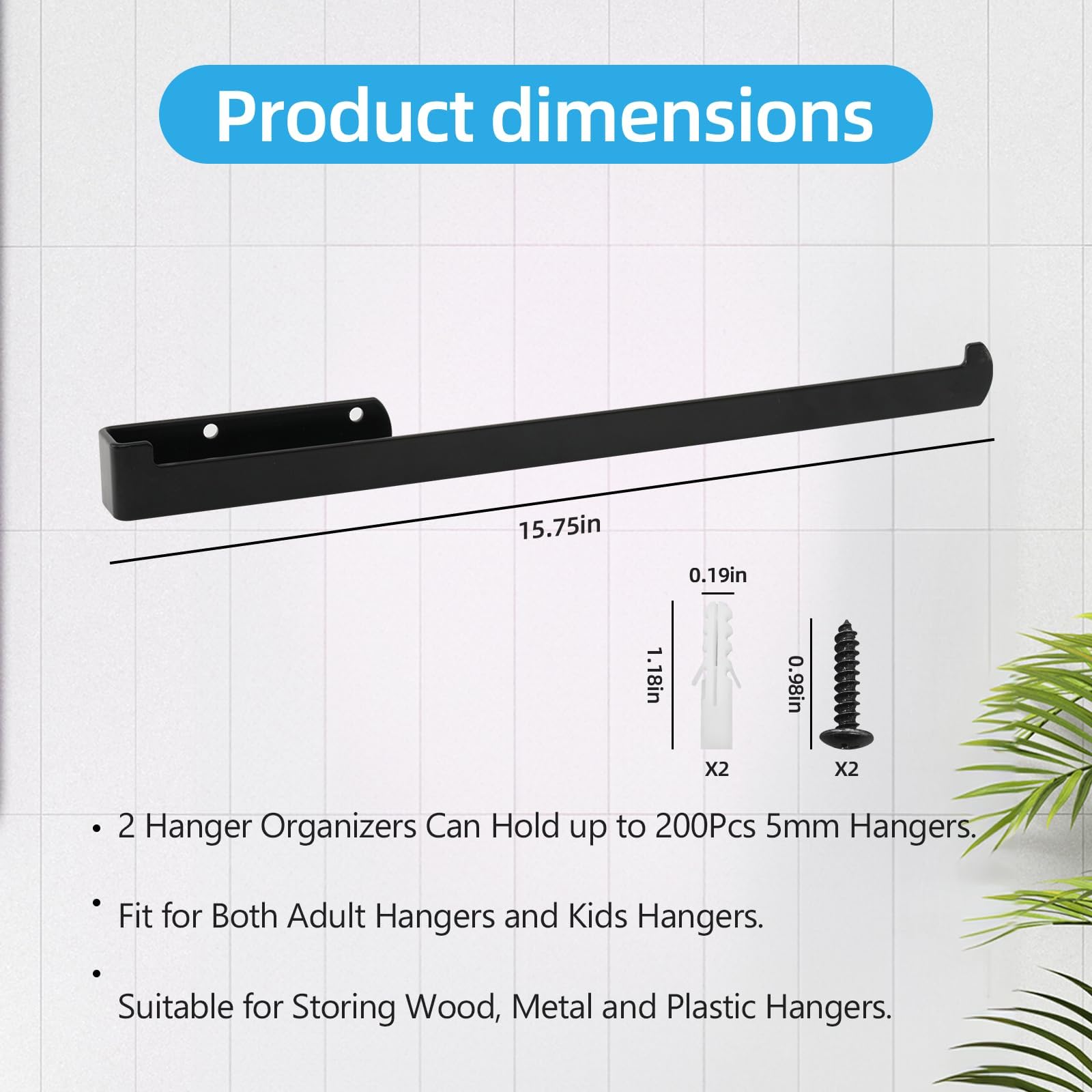2 Pack Hanger Holder,Hanger Storage Rack for Wall,Hanger Stacker for Closet Laundry Room,Clothes Hanger Storage for Adult or Child Clothes Hangers,Black 15-Inch