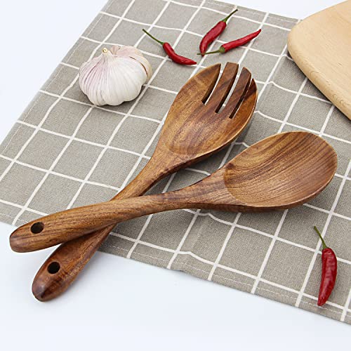 Salad Tongs, Salad Servers, Salad Tongs for Serving, AOOSY 10.2 inches Acacia Wood Serving Utensils Set Salad Mixing Dinner Fork and Spoon Long Handle Salad Server Set Kitchen Cooking Utensil
