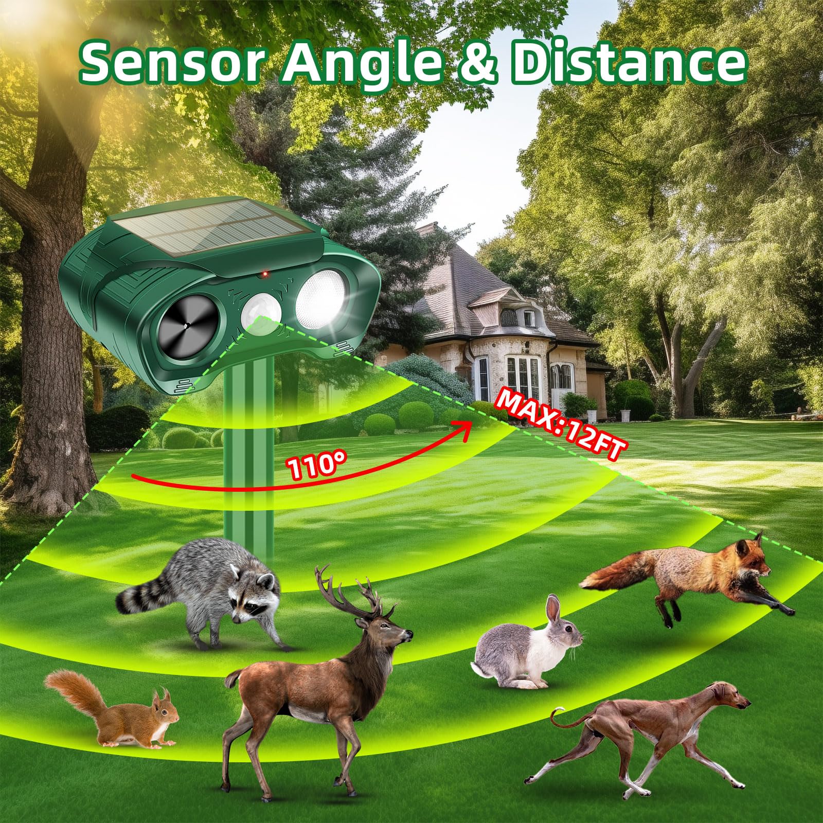 2 PCS Ultrasonic Animal Repellent Outdoor Solar Animal Repeller Waterproof with Motion Sensor LED Strobe Light Alarm Sound Animal Deterrent for Cat Squirrel Raccoon Deer Fox Repellent (Deer Repellent)