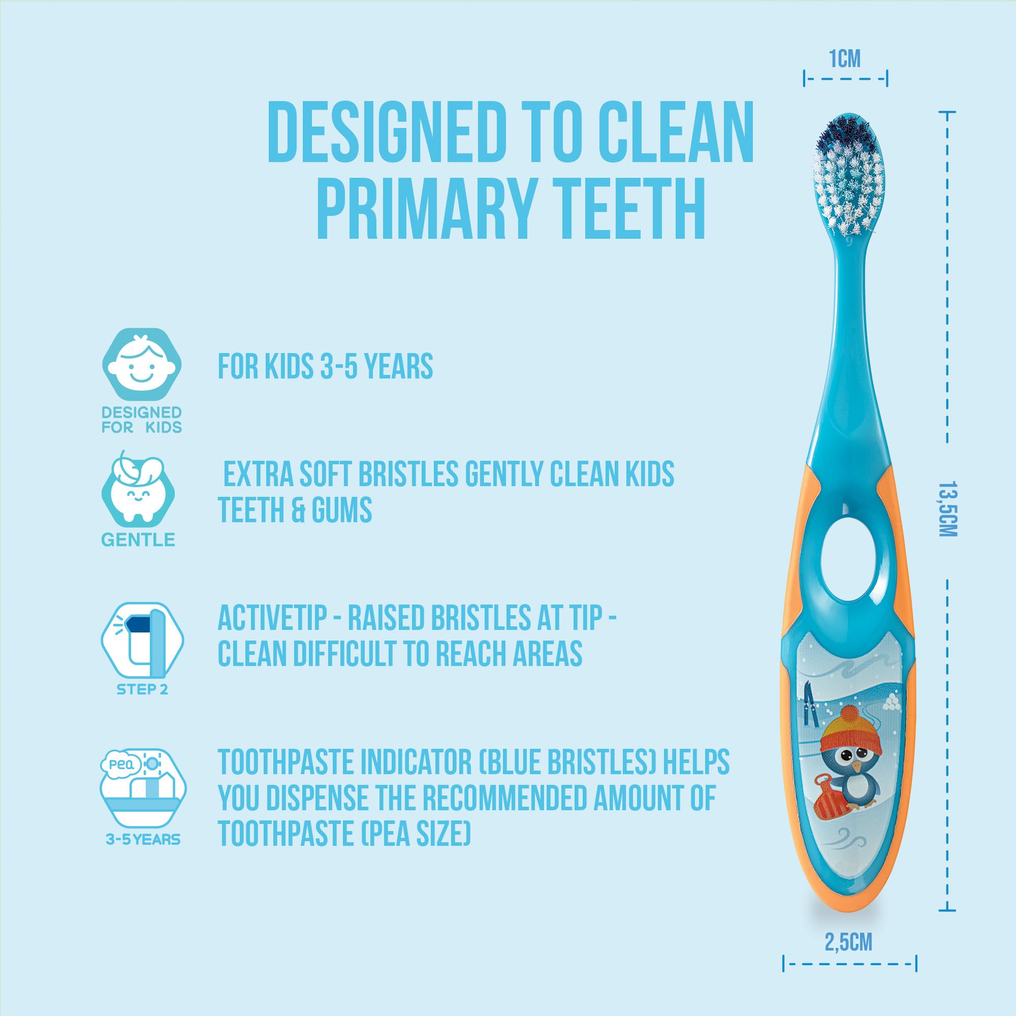 Jordan* Step 2 Kids Toothbrush, 3-5 Years, Soft Bristles, BPA Free (4 Pack) Blue & Green