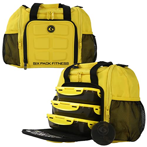 6 Pack Bags Innovator Mini Meal Prep Lunch Bag with 4 BPA-Free, Reusable, Microwavable, Freezer Safe, Portion-Controlled Containers, Pill Organizer, Lunch Box with Storage Pockets - (Yellow/Black)