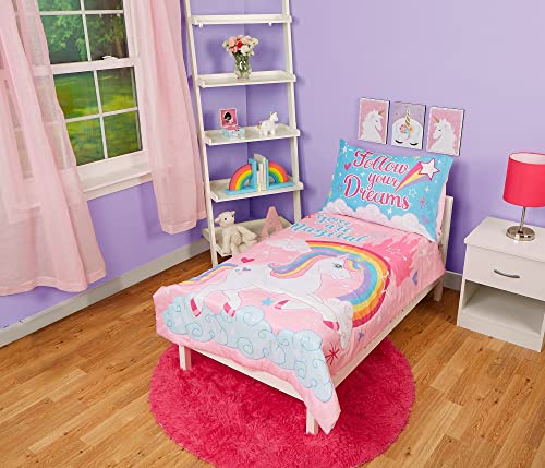 Baby Boom Funhouse Unicorn Love 4 Piece Toddler Bedding Set – Includes Comforter, Sheet Set – Fitted + Top Sheet + Reversible Pillowcase for Girls Bed, Pink