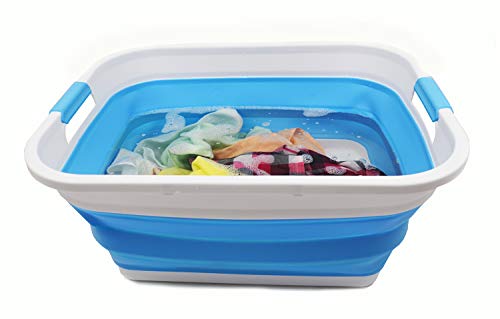 SAMMART 41L(10.8 Gallon) Collapsible Plastic Laundry Basket-Foldable Pop Up Storage Container-Portable Washing Tub-Space Saving Hamper/Basket, Water Capacity: 32L (8.4 Gallon) (2, White/Marine Blue)