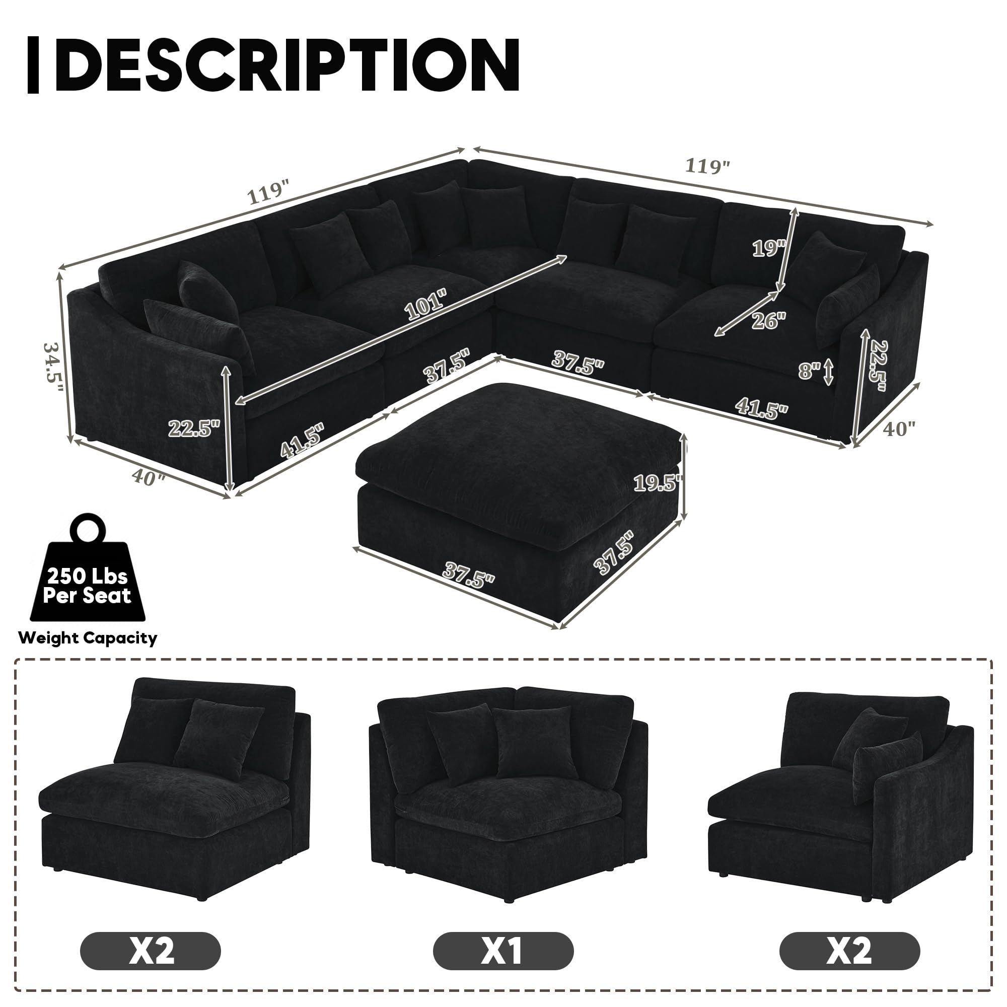 Yoglad Modern Oversized Modular Sectional Sofa Set with Down Feathers, L-Shaped Chenille Upholstered Couch with Ottoman and 10 Pillows for Living Room or Apartment (Black)