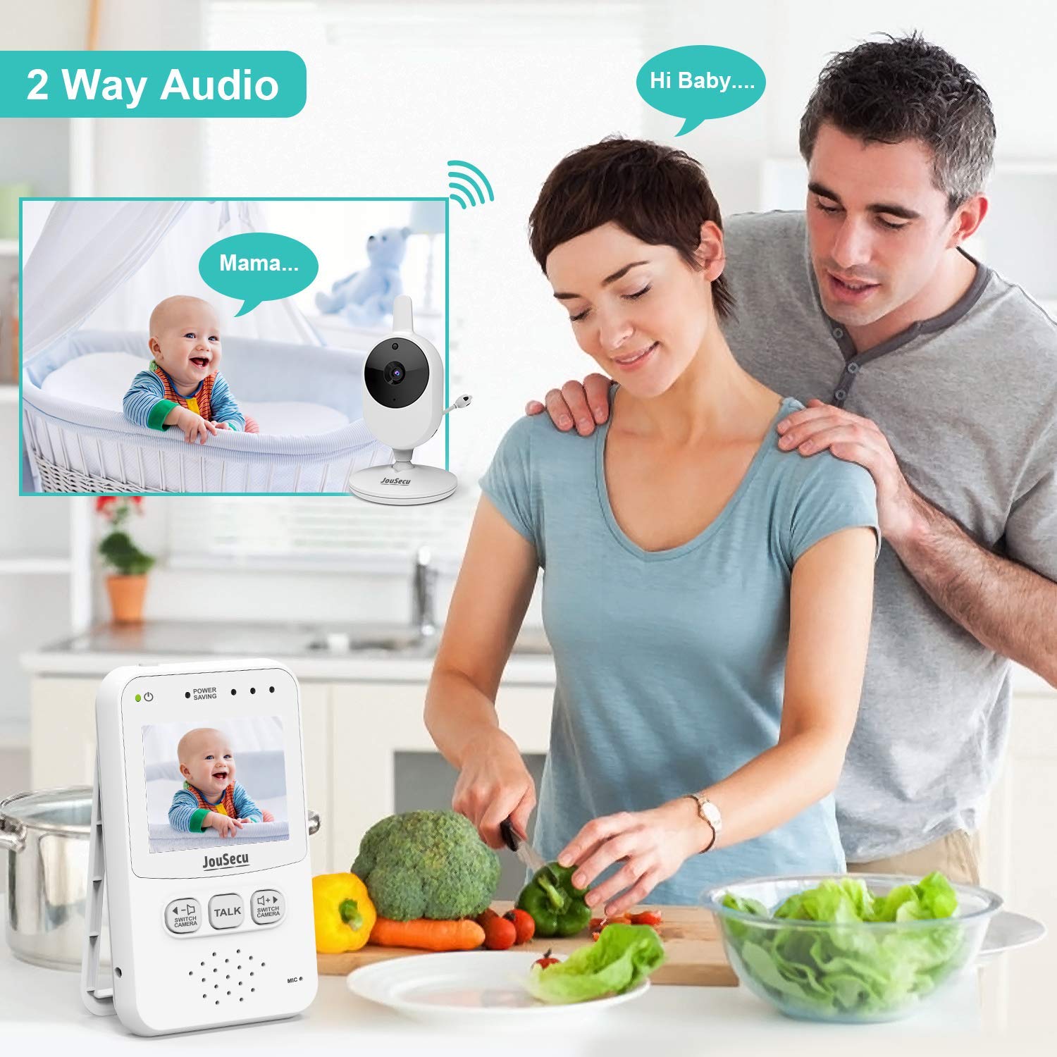 JouSecu Baby Monitor with Camera and Audio 2.4inch LCD, 2-Way Talk, Night Vision, Eco Mode, 1000ft Range, Feeding Alarm (Up to 4 Cameras)