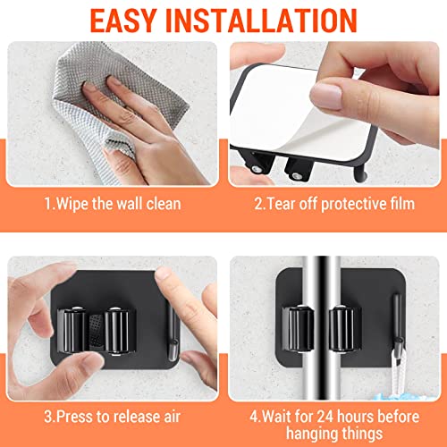 Batur Broom Holder Wall Mount, 4 Pack Super Anti-Slip Broom Holder, Mop and Broom Holder Wall Mount, Self Adhesive Broom Organizer Hanger Gripper for Bathroom, Kitchen, Laundry Room Storage, Black