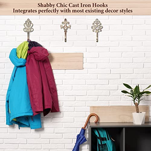 6 Pieces Shabby Chic Cast Iron Decorative Wall Mounted Hooks Retro Hanging Hooks Rustic Wall White Bathroom Towel Hooks with Screws and Anchors for Hanging Coat Towel, 3.15 x 7 Inch