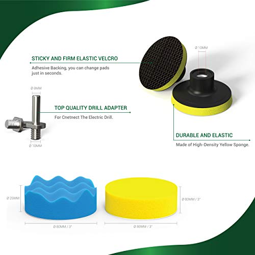 SCRUBIT Car Foam Drill Polishing Pad Kit 22 Pack, Includes 16 Detailing Sponges (3 in.), 2 Wool Buffer Pads, 2 Drill Adapters and Suction Cups for Your Vehicle - Waxing and Polisher Set