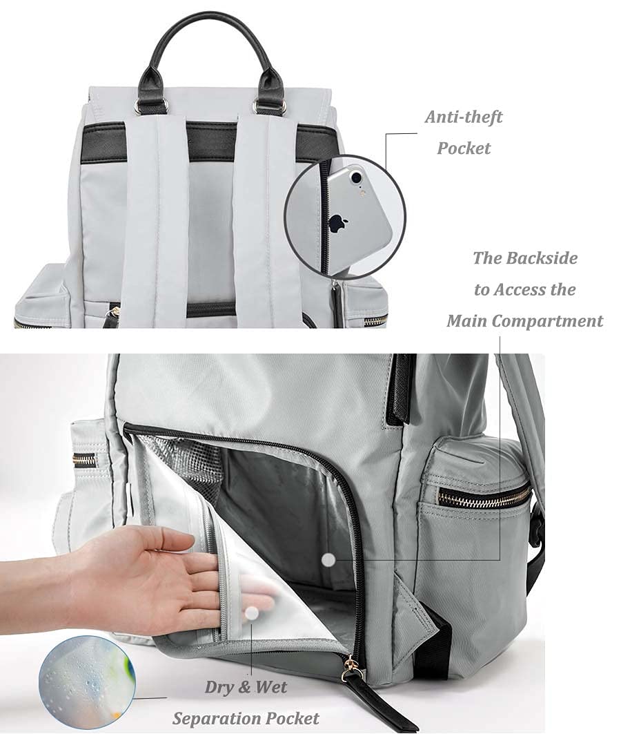 WALLOPTON Diaper Bag Backpack - Multi Function Backpack with Stroller Strap - Stylish Lightweight Large Capacity & Water Resistance - Baby Bag for girls & boys (Grey)