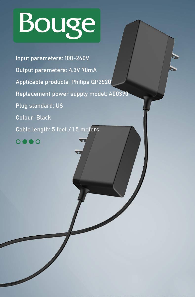 Bouge 4.3V Philips Norelco One Blade Charger Compatible with Norelco Oneblade QP2520 / 90, QP2520 / 70, QP2520 / 72, (Fits Only) Razor Charging Cord, Replace A00390 4.3V 70mA Power Supply Plug