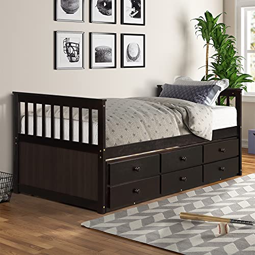 Harper & Bright Designs Twin Captain's Bed Storage Daybed with Trundle and Drawers for Kids Teens and Adults, Espresso