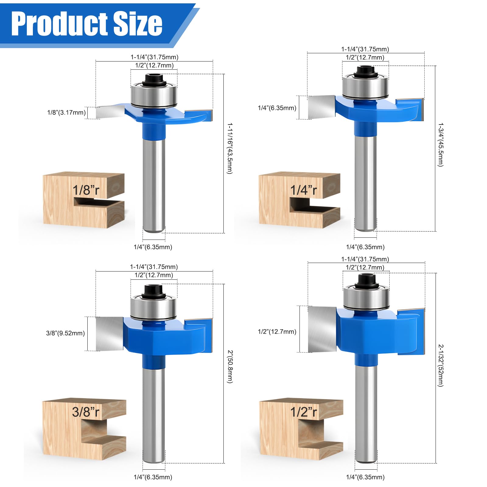 4PCS 1/4 Inch Shank Rabbet Router Bits with 6 Bearings Set (1/16", 1/8", 3/16", 1/4", 5/16", 3/8" Bearings) for Wood Grooving, Interchangeable Bearings with 1/2" to 1/4" Router Collet