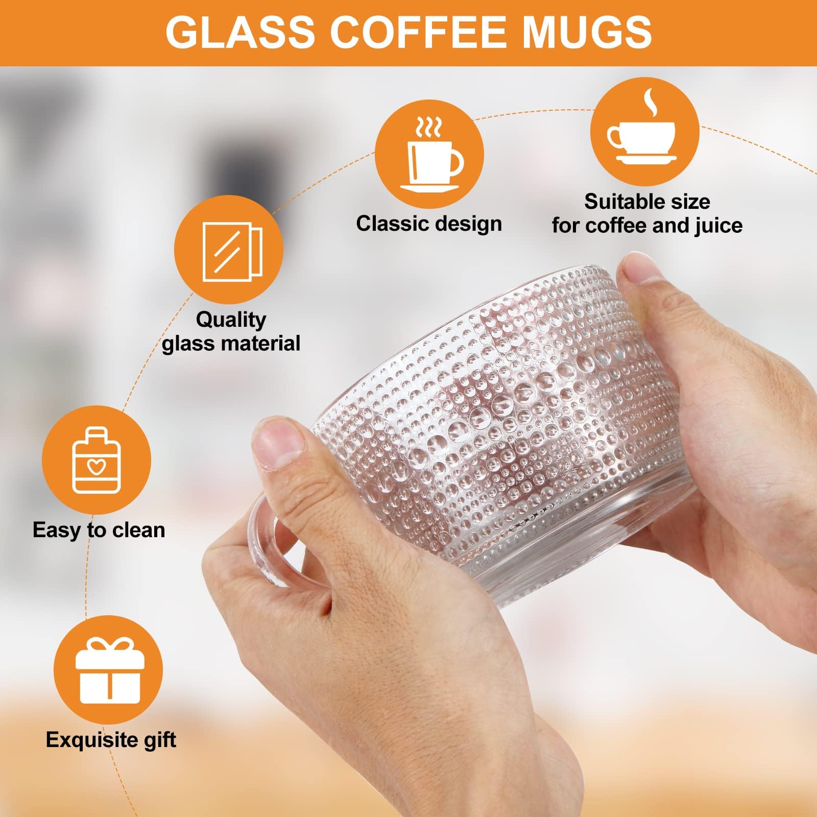 6 Set 14oz Vintage Glass Coffee Mugs with Bamboo Lids and Spoon Clear Embossed Glassware with Handle Glass Coffee Tea Cups for Cappuccino Latte Cereal Yogurt Beverage (6PCS(3*sunflower 3*raindrops))